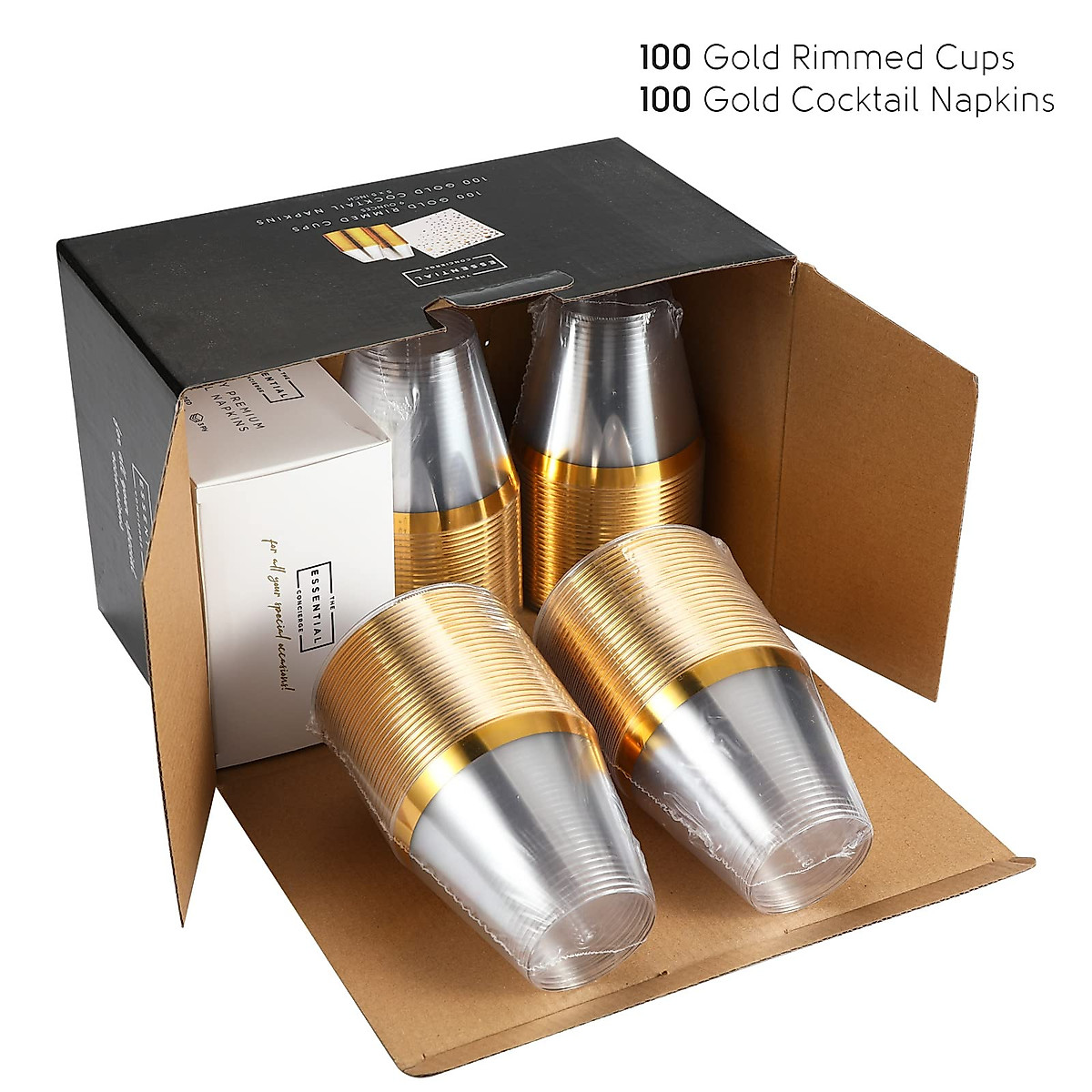 Essential Concierge Stylish Gold-Rimmed Plastic Cups, 9 oz - 100 Disposable with Gold Napkins
