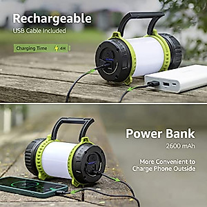 Lighting Ever LED Camping Lantern Rechargeable, Flashlight with 500LM, 5 Light Modes, 2600mAh Power Bank, IPX4 Waterproof, for Hurricane Emergency, Outdoor, Hiking and Home, USB Cable Included