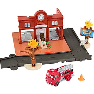 Mattel Disney and Pixar Cars On The Road Toys, Red’s Fire Station Playset with Die-cast Fire Truck & Kid-Activated Action