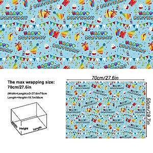 Dtiafu Birthday Wrapping Paper for Boys Girls Kids - Blue Glitter Gift Wrap with Happy Birthday Rainbow Balloons Hats - 20inch x 28inch Per Sheet(8 Sheets Folded Flat)