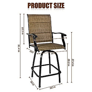 Bigroof Outdoor Swivel Bar Stools Set of 4, Bar Height Patio Chairs with Backs and Arms, All-Weather Textilene Padded Patio Furniture for Outdoor Porch, Deck, Yard, Lawn & Garden (4)