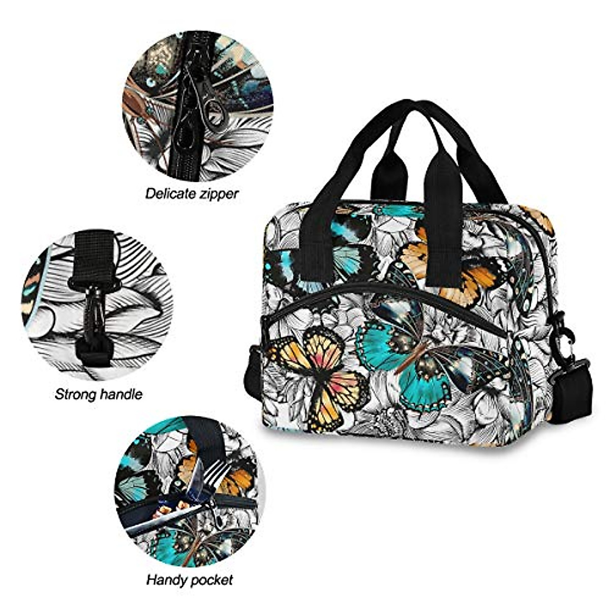 Butterflies Lunch Bag for Women Men Insulated Lunch Box Tote Bag with Detachable Shoulder Strap & Carry Handle,Reusable Cooler Bag for Work School Picnic