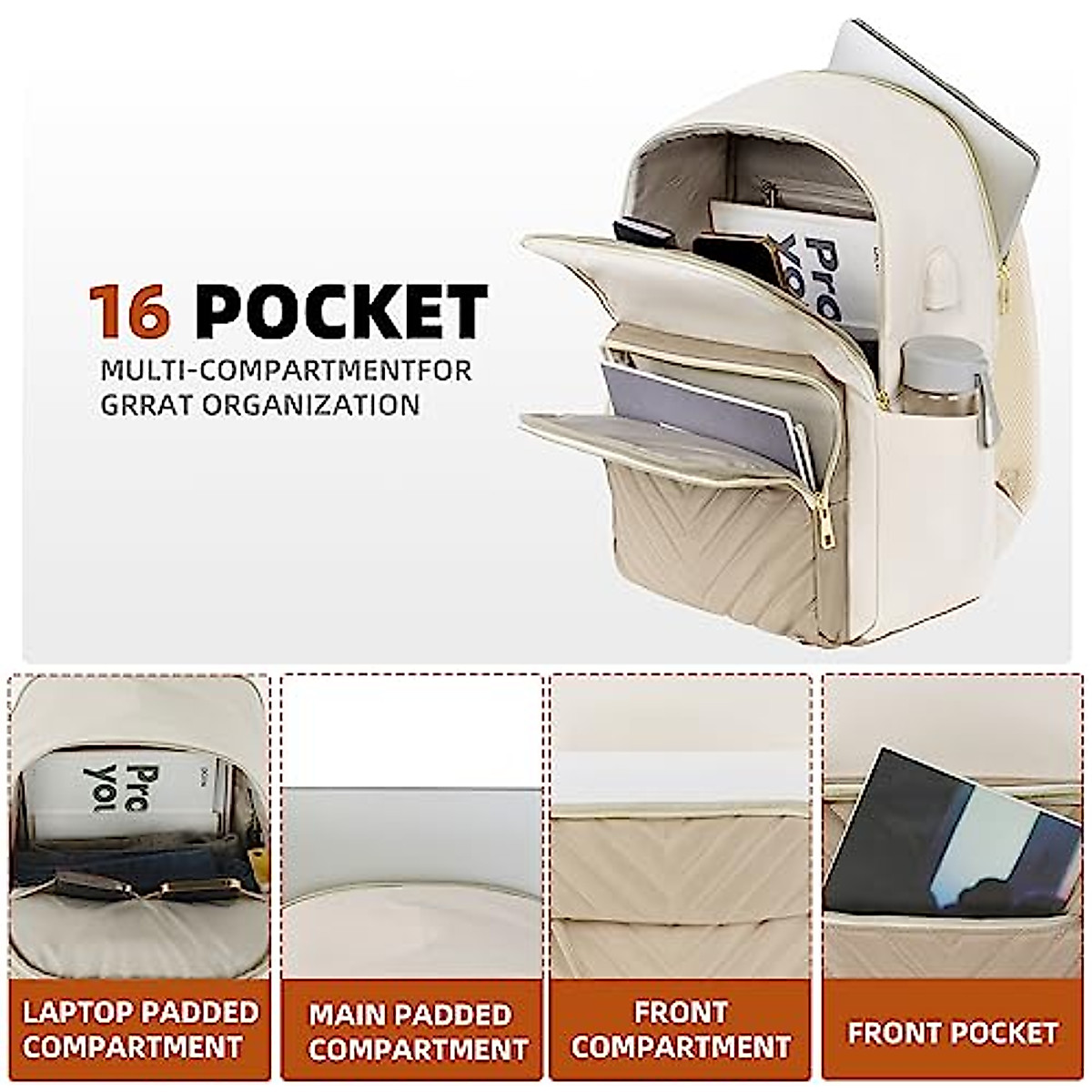 KINGSLONG 15.6 inch Laptop Backpack for Women Work Computer Bag with USB Port, Waterresistant Backpacks Travel Bags Casual Daypacks for College, Business, Beige