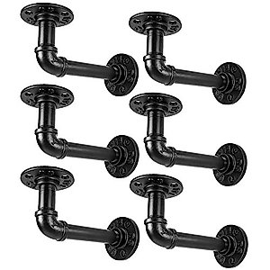 Industrial Pipe Shelf Brackets for Shelves 8 10 12 Inch, Black Metal L Pipe Floating Shelf Bracket - Heavy Duty Decorative Wall Shelving Bracket Rustic Farmhouse Vintage Style - 6 Pack