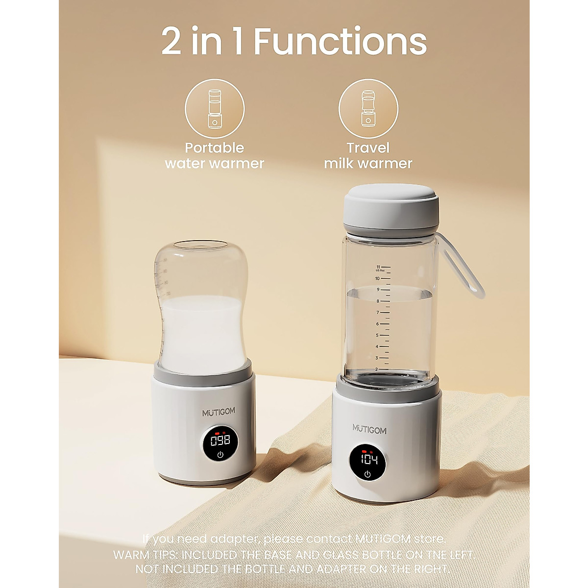 MUTIGOM Portable Bottle Warmer, Fast Baby Bottle Warmer Milk Warmer with 11OZ Bottle, Rechargeable Travel Bottle Warmer for Most Bottles, Water Warmer for Baby Formula Breastmilk