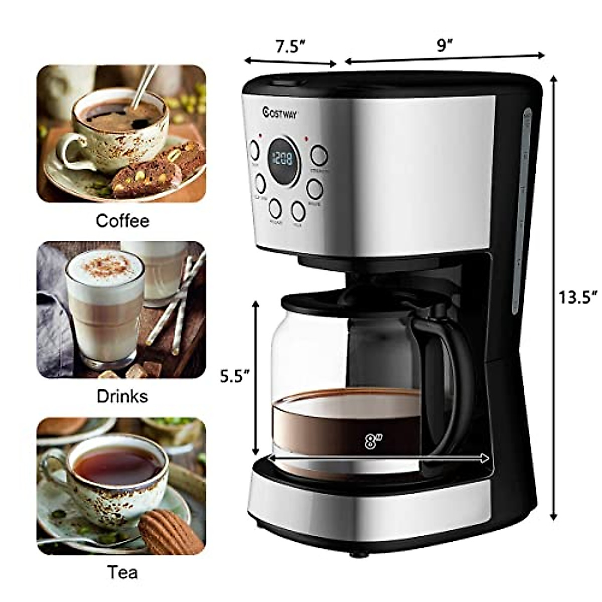 ARLIME 12-Cup Programmable Coffee Maker, 900W Drip Coffee Maker Pot W/LED Display, Brew Strength Control, Anti-Drip System, Warming Plate & Glass Carafe, Keep Warm 2-Hour Brew Coffee Machine, Black