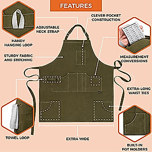 opux Chef Apron for Men, Kitchen Apron with Pockets for Women, Large Unisex Canvas Apron for Cooking Grilling BBQ Baking, Heavy Duty Apron for Work, Olive Green