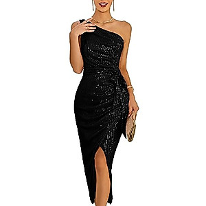 GRACE KARIN Wedding Guest Dresses for Women Sparkly Glitter Wrap Dress Cocktail Party Wedding Maxi Dresses with Slit Black L