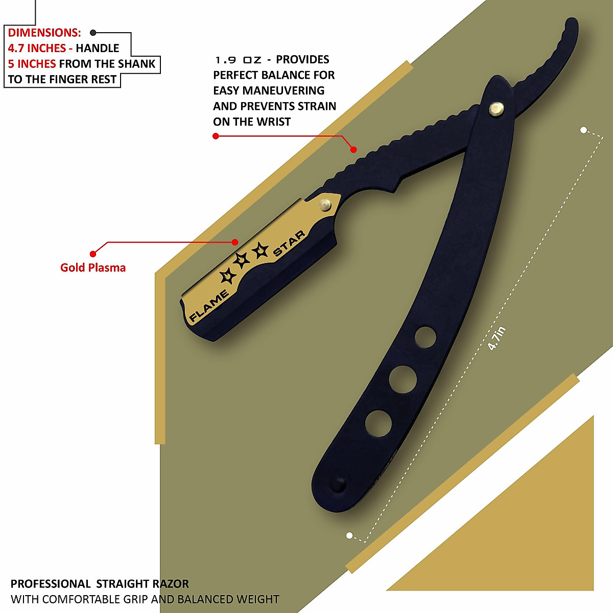 Black Gold Barber Staright Edge Salon Hair Cut Razor 100% Stainless Steel with 10 Blades by "FLAME STAR"