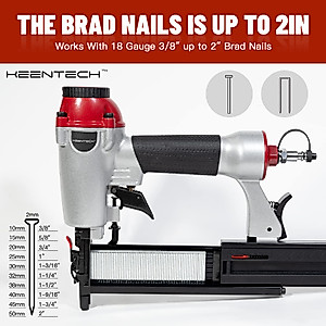 KEENTECH Pneumatic Brad Nailer, 18 GA, 2 in 1 Nail Gun and Crown Stapler Fires 2 Inch Brad Nailes and 1-5/8 Inch Crown Staples, for Carpentry, DIY Project, Woodworking, Silver & Red (KT5040)