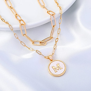Gold Initial Necklaces for Women, 14K Gold Plated Layered Necklaces Paperclip Chain Necklace for Women Dainty Gold Coin Letter Pedant Necklace for Women Initial A Necklaces for Women Jewelry