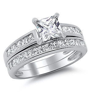 Sterling Silver Princess Cut Bridal Set Engagement Wedding Ring Set (Size 7)