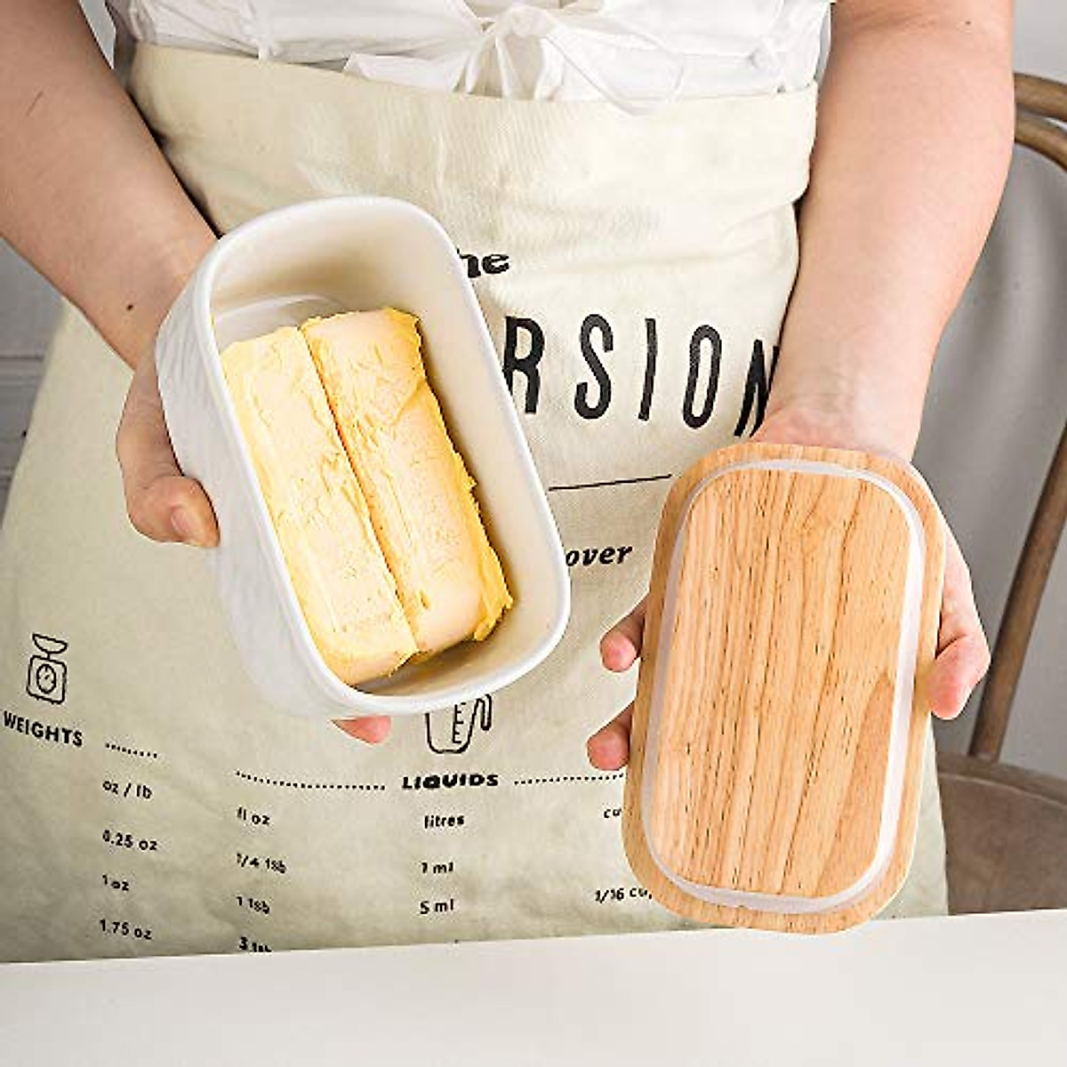 KOOV Porcelain Large Butter Dish with Lid for Countertop, Airtight Butter Container with Oak Lid, Butter Crock, Perfect for 2 Sticks of Butter, Texture Series (White)