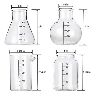 Lily's Home Mini Science Beaker and Flask Shot Glasses, Great Gift for Chemistry and Bio Grads, Nurses and Doctors, Clear 2 to 2 1/8" Tall, Set of 4 Assorted