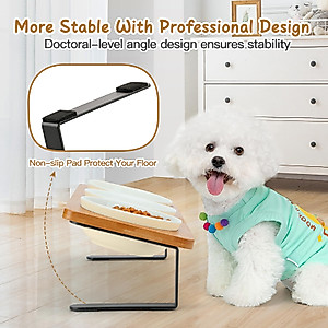 3 Elevated Cat Bowls Tilted Anti Vomiting Ceramic Raised Cat Food Bowls for Food and Water, Cat Dishes for Indoor Cats with Non-Slip Stand & Bamboo Board, Dishwasher Safe - 1 Step Assemble