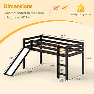 IFANNY Loft Bed with Slide, Solid Wood Low Loft Bed Twin Size with Storage and Ladder, Wooden Bedframe with Safety Guardrails, Twin Loft Bed for Kids Boys Girls Teens, No Box Spring Needed (Espresso)