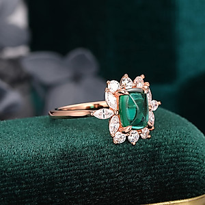 Frayerr 4 Claw Prongs Long Sugar Loaf Cut Cushion Emerald Ring - Prong Set Round & Marquise Moissanite Halo 14K Gold Engagement Ring - Vintage Emerald Wedding Anniversary Ring For Wife - Art Deco Emerald Birthstone Ring Gift For May Born Her (14K White Go