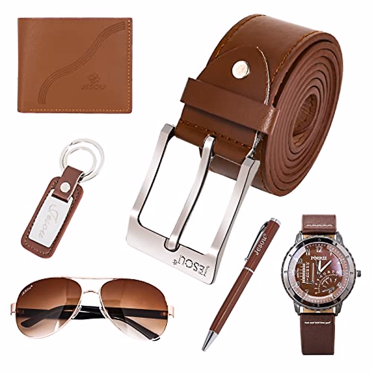 6pcs Men's Gift Set with Box Brown Leather Belt Wallet Watch Glasses Keychain Ballpoint Pen Gifts for Men