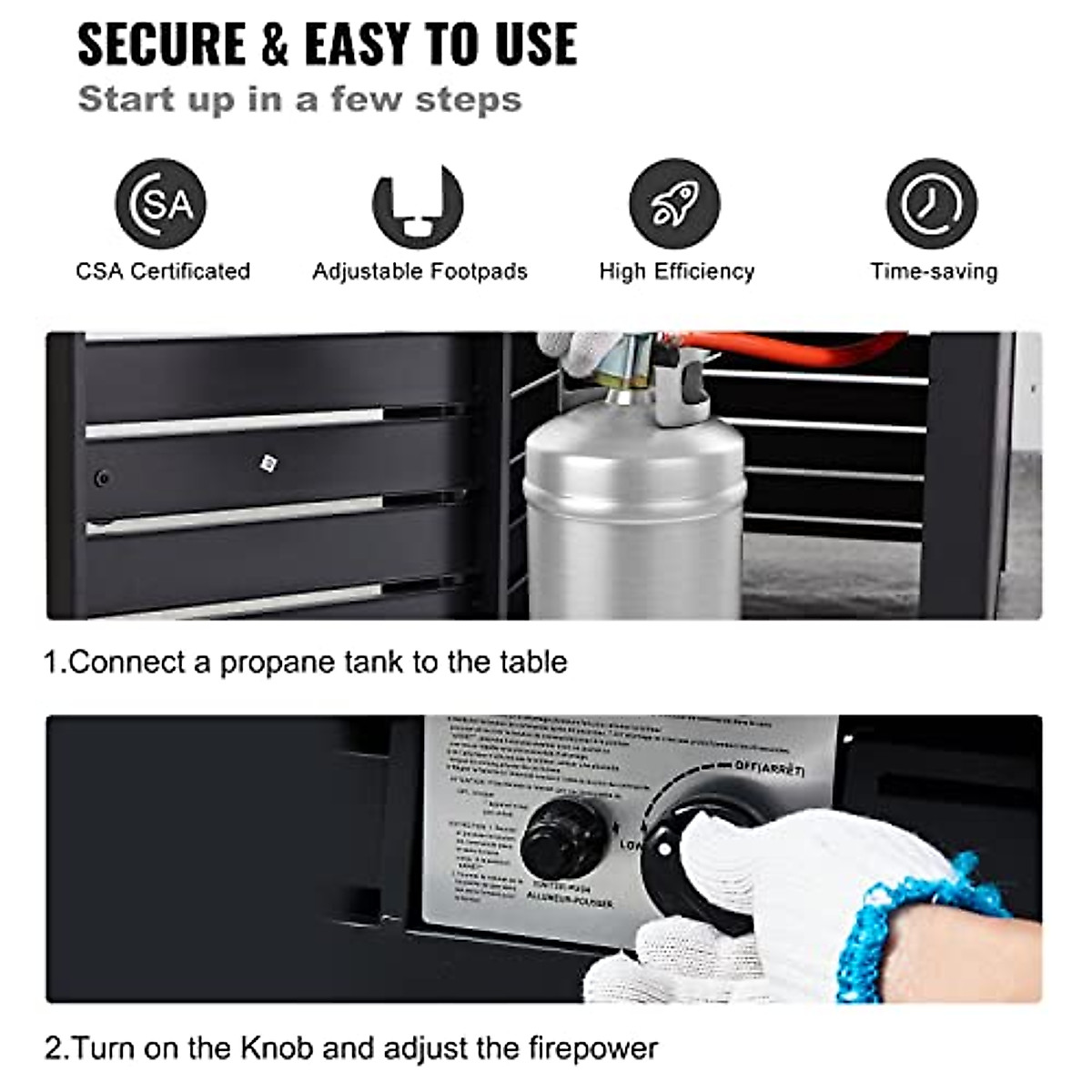 VEVOR Gas Fire Pit Table, 43 In 50000 BTU, Propane Outdoor Wicker Patio fire Pits with Carbon Steel Tabletop, Lava Rock, Glass Wind Guard, Cover, Add Warmth to Gathering on Garden Backyard, CSA Listed