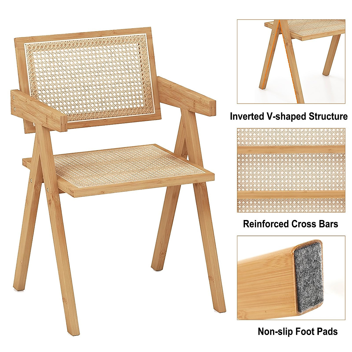 UJOYPAD Rattan Accent Chairs Set of 2,Mid Century Rattan Dining Chairs W/Bamboo Frame,High Back Lounge Armchair W/Anti-Slip Foot Pads,Rattan Side Chair for Dining Room,Living Room,Bedroom