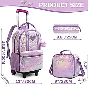 Meetbelify Love Rolling Backpack for Teen Girls Backpacks with Wheels for Elementary Students with Lunch Box for Big Kids