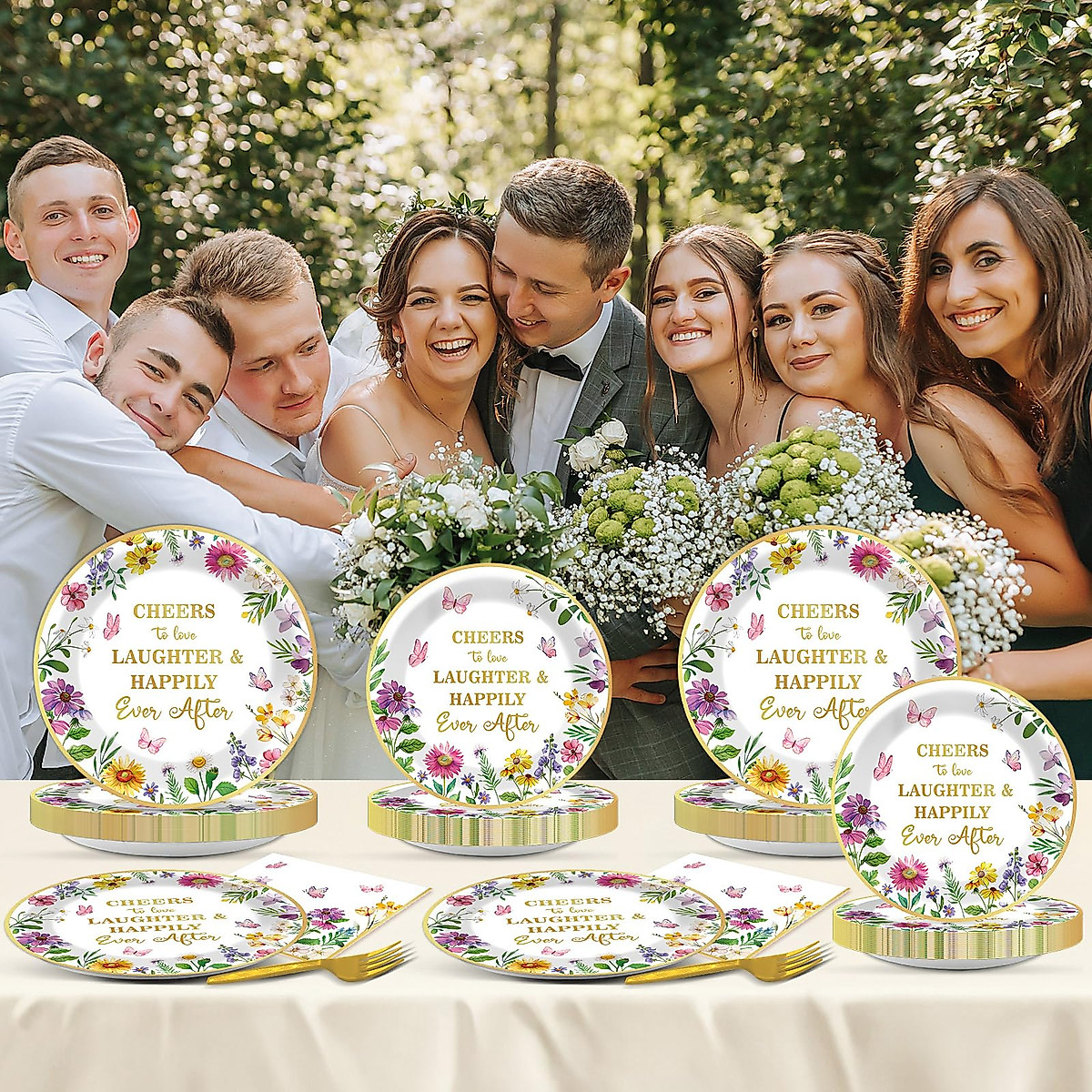 96Pcs Floral Bridal Shower Party Supplies Cheers to Love Tableware Set Wildflower Party Plates and Napkins Decorations for Engagement Bridal Shower Wedding Dinnerware Party Favors for 24 Guests