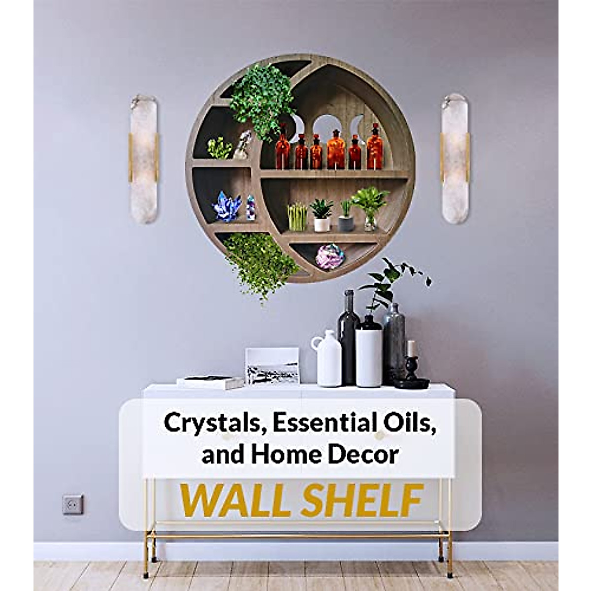 KuteDecor, Crescent Moon Shelf for Crystals , Wiccan Shelf, Crystal Shelf Display, Crystals Decor, Essential Oils Shelves Wooden, Crystal Wall Shelf, Moon Phase (Brown)