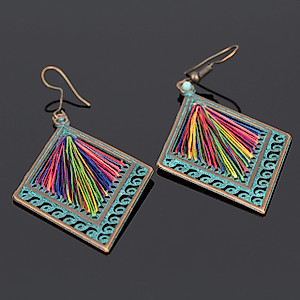 Soul Statement Women's Western Rainbow Thread Geometric Boho Dangle Festival Earrings - Unique Bronze & Teal Threader Bohemian Summer Jewelry for Women (Rainbow Thread)