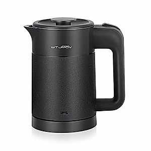 WTJMOV 0.6L Small Electric Tea Kettle Lightweight, Double Wall Hot Water Boiler Stainless Steel Auto Shut-off, 120V Portable Travel Electric Kettle Fast Boil for Tea and Coffee, Black