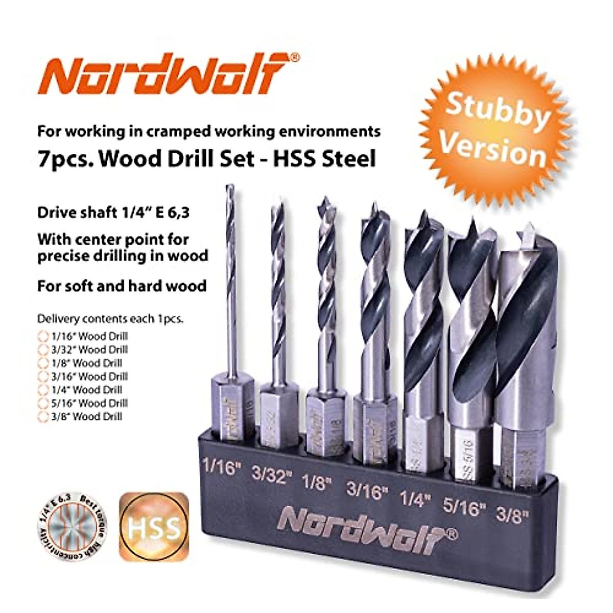 NordWolf 7-Piece HSS Brad Point Stubby Wood Drill Bit Set with 1/4" Hex Shank for Carpenter Woodworking, SAE Sizes 1/16"-3/32"-1/8"-3/16"-1/4"-5/16"-3/8"