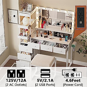 PAKASEPT Makeup Vanity Desk with Mirror and Lights, Vanity Desk with Charging Station, Drawers, Movable Shelves for Makeup, Modern Vanity Table Set with Vanity Stool for Bedroom, White