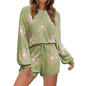Ekouaer Knit Pajamas Set for Women Lounge Sets Long Sleeve Sweatsuit Matching 2 Piece Outfits Cute Sweater Sets Floral Green XXL