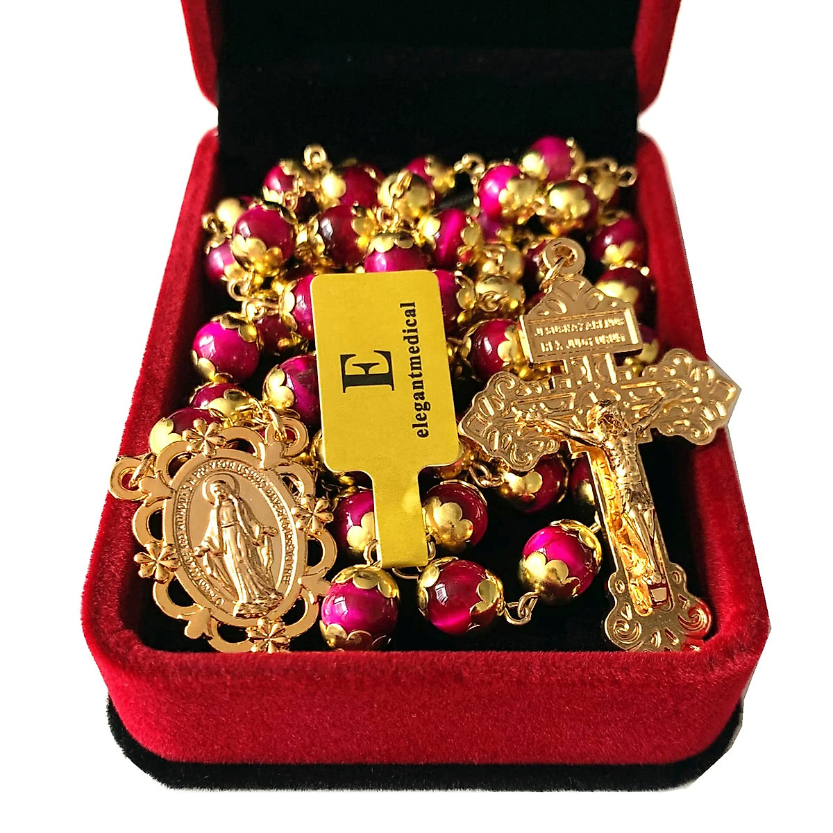 elegantmedical HANDMADE Red Tiger Eye Prayer Beads Catholic Rosary Necklace Gift Box Italy Crucifix Gold (red)