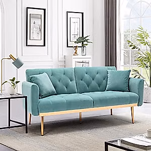 Woanke Mid Century Modern Velvet Fabric Home Living Room Bedroom, Convertible Futon Bed, Accent Sofa Recliner, Golden Metal Legs, 7 Couch Pillows, Pink, Light Blue