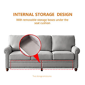 POCIYIHOME 2+3 Sectional Storage Box, Sleeper Couch Chaise with Nail Decoration, Chesterfield Sofa, Upholstered Loveseat, Wood Leg, Furniture for Living Room,Bedroom,Office, Polyester, Grey