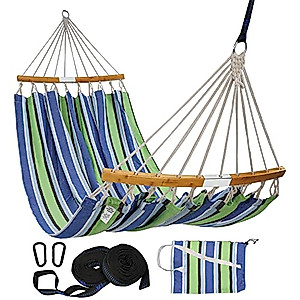Lxoohy Portable Patio Double Hammock with Travel Bag, 2 Person Outdoor Hammock with Foldable and Curved Spreader Bar, D Rings and Tree Straps for Camping, Picnic, Backyard, Green Blue