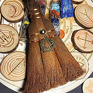 OKDOKEY 9.4" Witch Altar Broom & Four Elements and Pentacle Wood Runes Set | Miniature Pentagram Wicca Brush | Handmade Mane Broomstick for Majic Ceremonial, Halloween Broom, Wiccan Ritual Broom