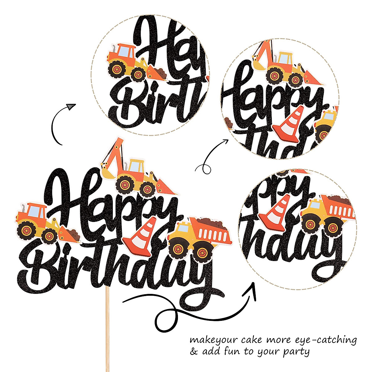 1 PCS Construction Happy Birthday Cake Topper Glitter Construction Cake Pick Dump Truck Excavator Tractor Cake Decorations for Construction Theme Baby Shower Kids Birthday Party Supplies Black