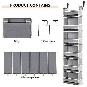roomtalk Over The Door Hanging Organizer 6-Shelves for Baby Nursery and Bathroom, Door Organizer Hanging with 2 Large Metal Hooks and 12 Pockets for Children Bedroom, Over The Door Storage, Grey