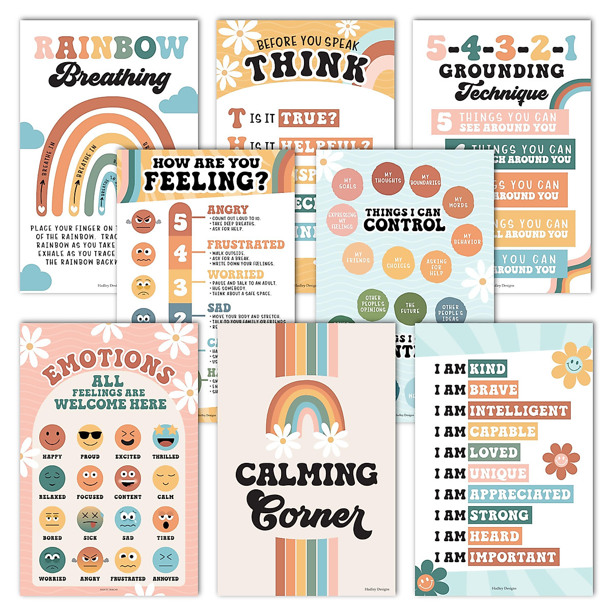 8 Calming Corner Posters For Classroom Must Haves For Teachers - 11x17" Calm Down Corner Supplies, Feelings Chart For Kids Ages 4-8, Toddler Emotions Chart, Retro Classroom Decor