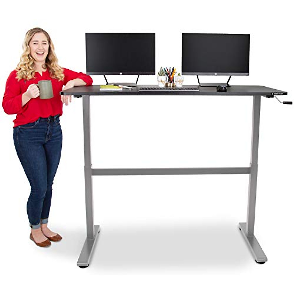 Stand Steady Tranzendesk 55 Inch Standing Desk | Easy Crank Height Adjustable Sit to Stand Workstation | Modern Ergonomic Desk Supports 3 Monitors | Great for Home & Office! (Black Top/Silver Frame)