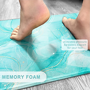Teal Marble Kitchen Rugs Mats Sets 2 Gold Blue Turquoise Abstract Cushioned Anti-Fatigue Kitchen Floor Mat PVC Non-Slip Memory Foam Comfort Standing Mat for Sink Laundry, 17.3''x 28''+17.3'' x 47''