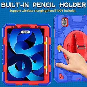 SEYMAC Case for iPad Air 5th/ 4th Generation, Shockproof Case with Screen Protector, 360 Rotating Stand/Hand Strap, Shoulder Strap for iPad Air 4/5 (iPad Air 10.9), Red+Blue