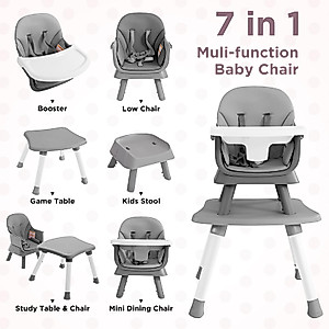 7 in 1 Baby High Chair,Convertible High Chair for Babies and Toddlers | Booster Seat | Table and Chair Set | Building Block Table | Toddler Chair with Safety Harness, Removable Tray (Gray)