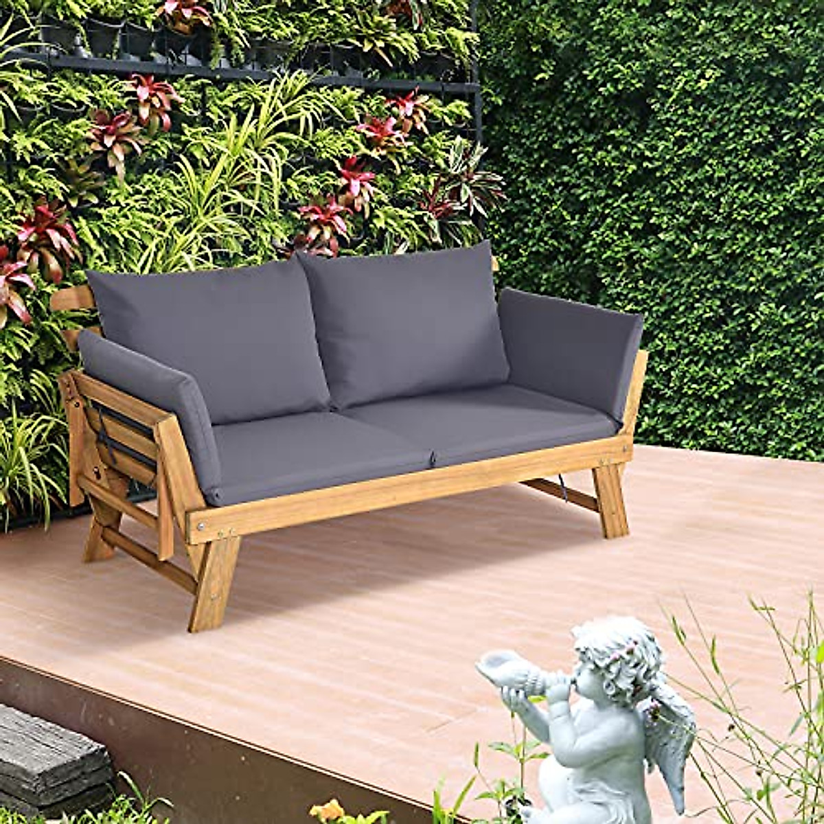 DORTALA Patio Convertible Couch Sofa Bed, Acacia Wood Daybed w/Adjustable Armrest, Collapsible Chaise Lounge w/Cushions & Pillows, Outdoor Loveseat forPoolside, Courtyard, Grey