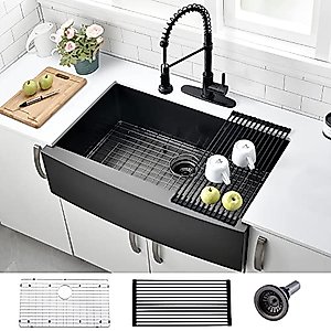 33 Inch Farmhouse Sink Black- VOKIM 33 Inch Black Stainless Stee Farmhouse Sink Apron Curved Front kitchen Sink 16 Gauge Single Bowl Gunmetal Matte Black Stainless Steel Kitchen Sink