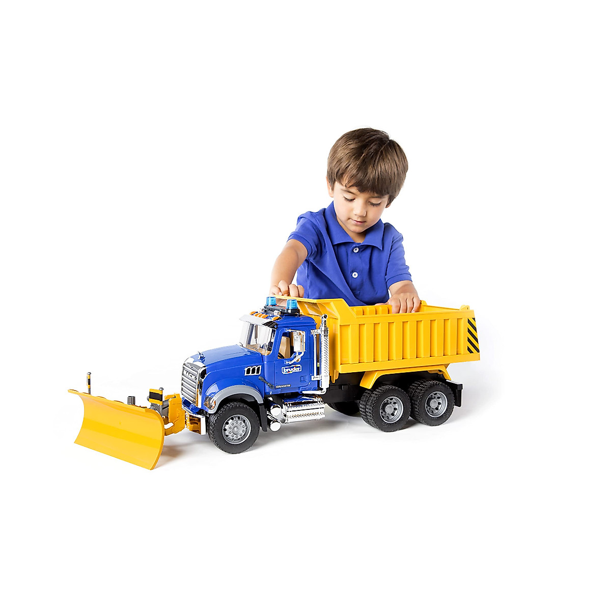Bruder 02825 Mack Granite Dump Truck with Snow Plow Blade for Construction and Farm Pretend Play with Light & Sound Module