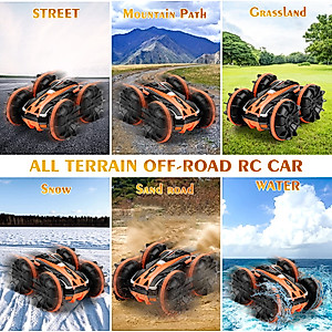 Qinycon Amphibious RC Car Remote Control Boat for Kids, 4WD 2.4Ghz 2 in 1 RC Stunt Car with 360° Flips, Double Sided Rotating RC Cars Toy for 5-12 Year Old Boys & Girls