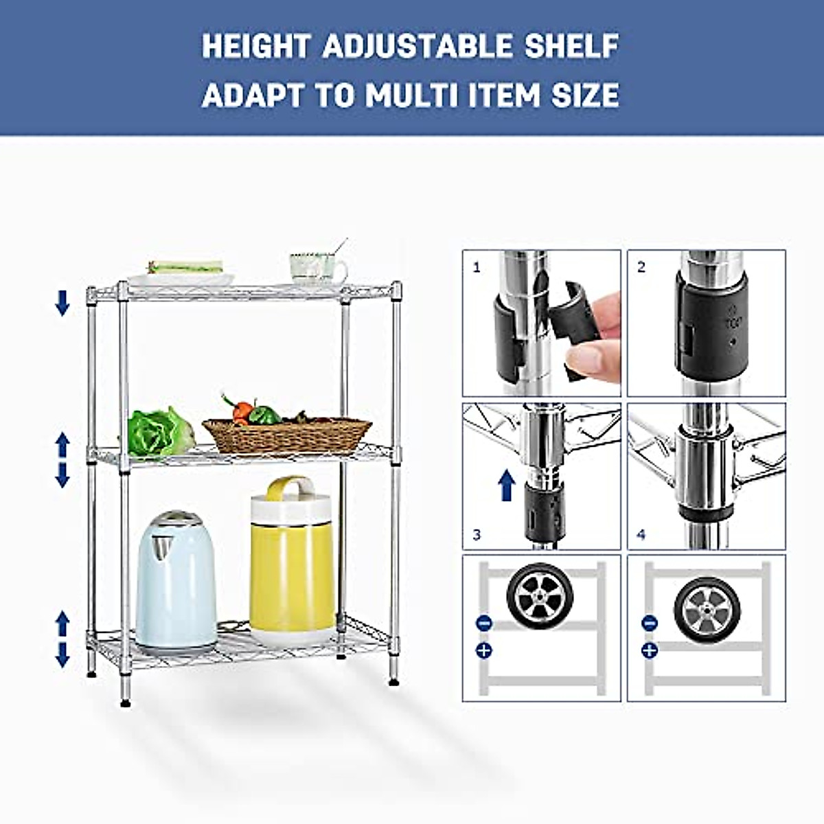 BNSPLY 3 Tier Wire Shelving Unit, Adjustable Wire Rack, Metal Storage Shelves for Kitchen, Pantry, Laundry, Bathroom, Closet (13.5" D x 23" W x 31.5" H, Chrome)