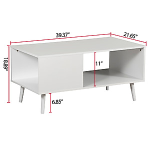 ZenStyle Mid Century Modern Coffee Table, Wooden Retro Coffee Table with Open Storage Shelf for Living Room, Reception, Easy Assembly (White)